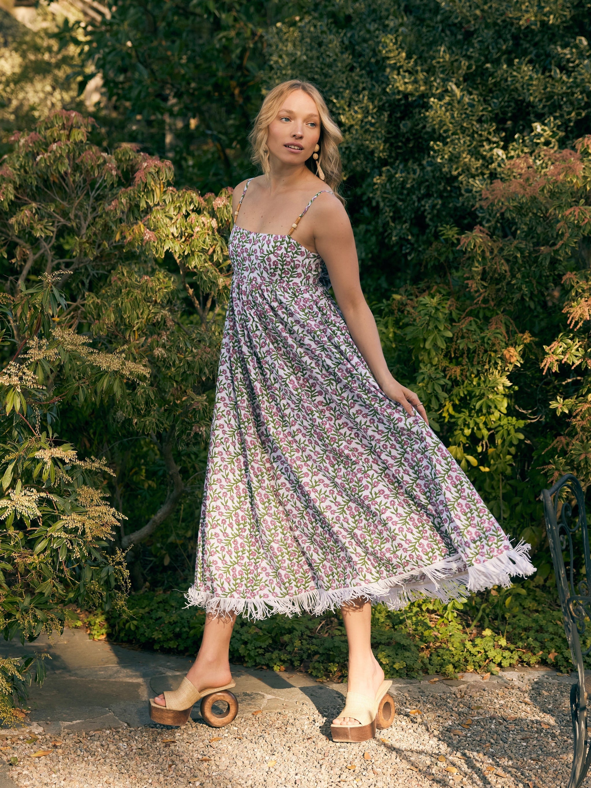 Gavin Fringe Midi Dress - Ivory/Amaranth Floral print