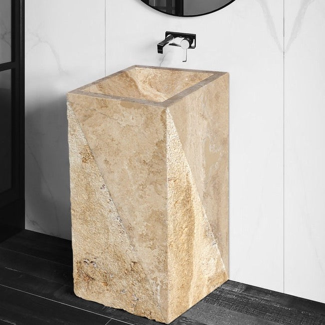 Walnut Travertine Pedestal Stand-alone Rectangular Prism Sink Honed (W