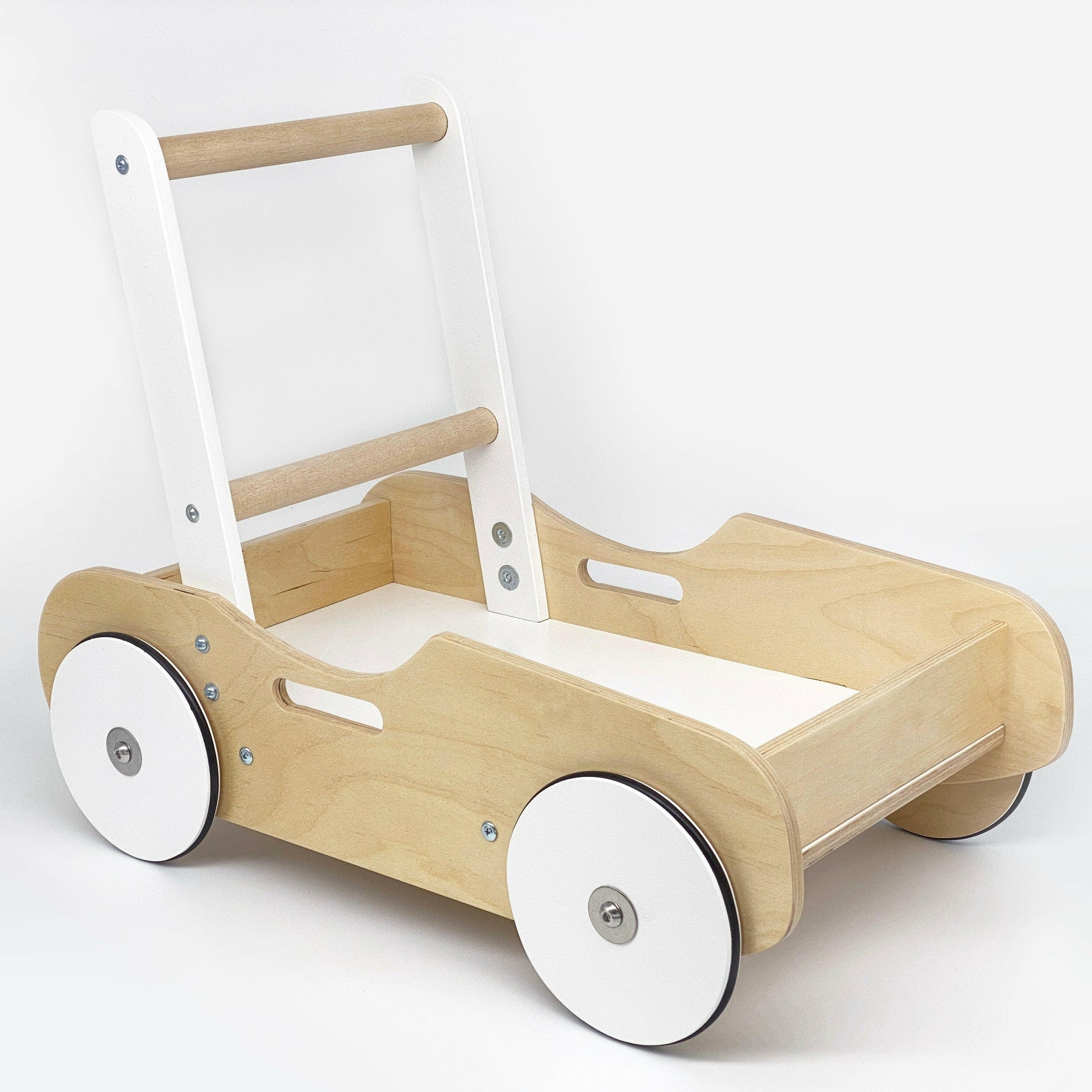Luma Buggy: Handcrafted Wooden Push Cart in Natural Birch Wood & White