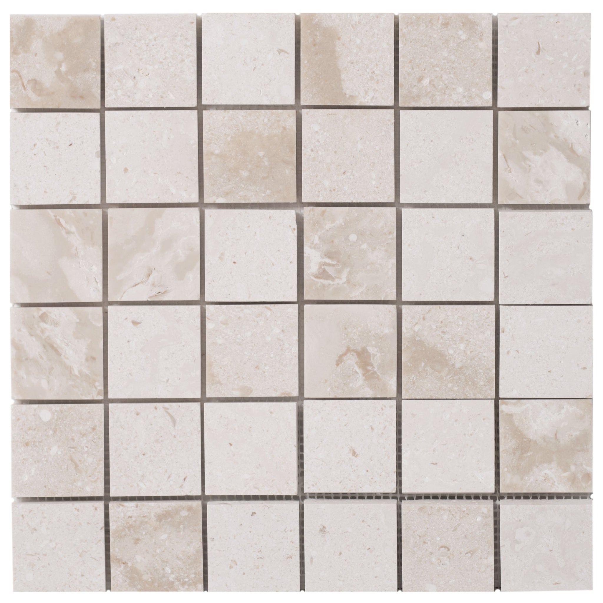 Shell Stone Limestone 2"x2" Honed on 12" x 12" Mesh Mosaic Tile - Bela