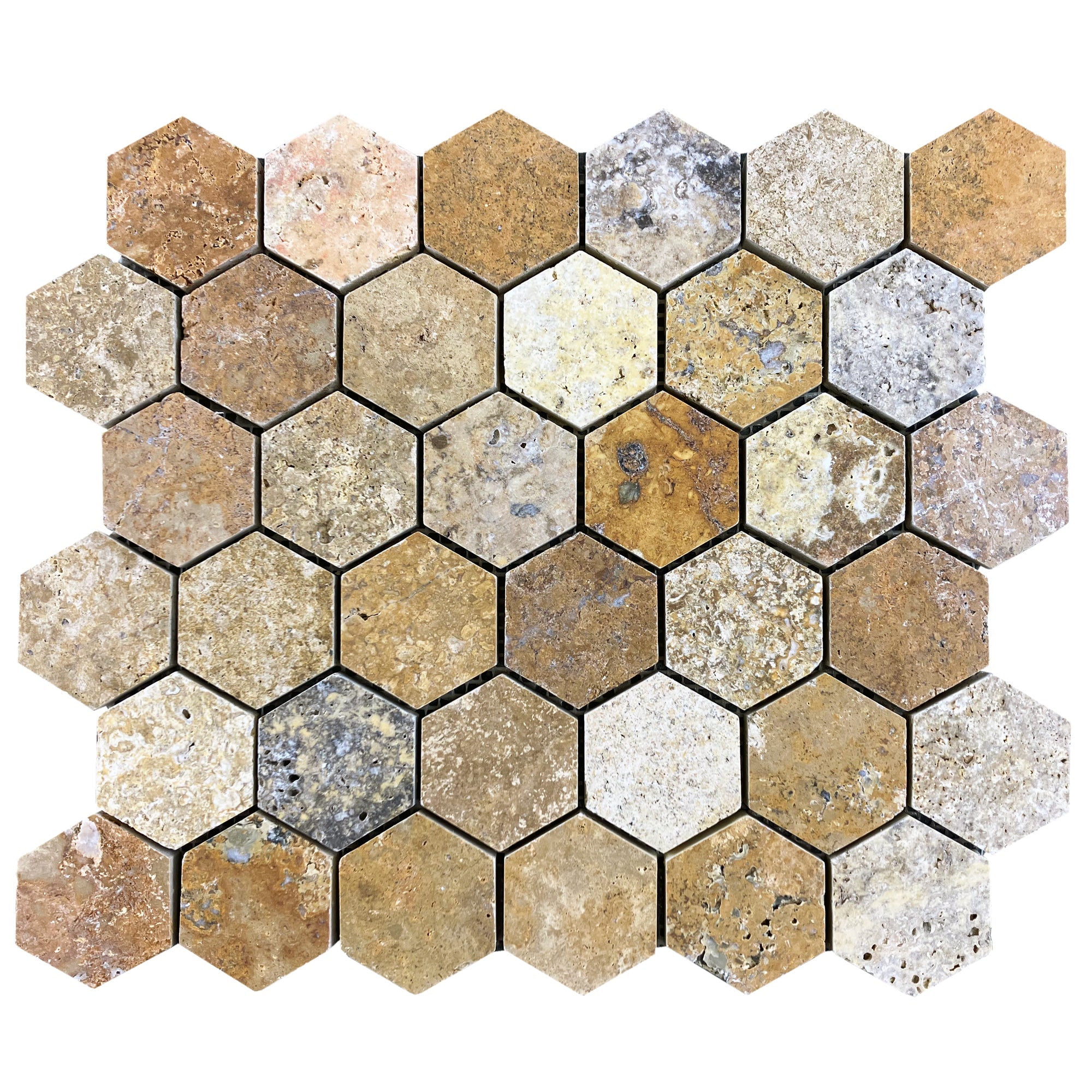 Scabos Travertine 2" Hexagon on 12"x12" Mesh Mosaic Tile - Belair Coll