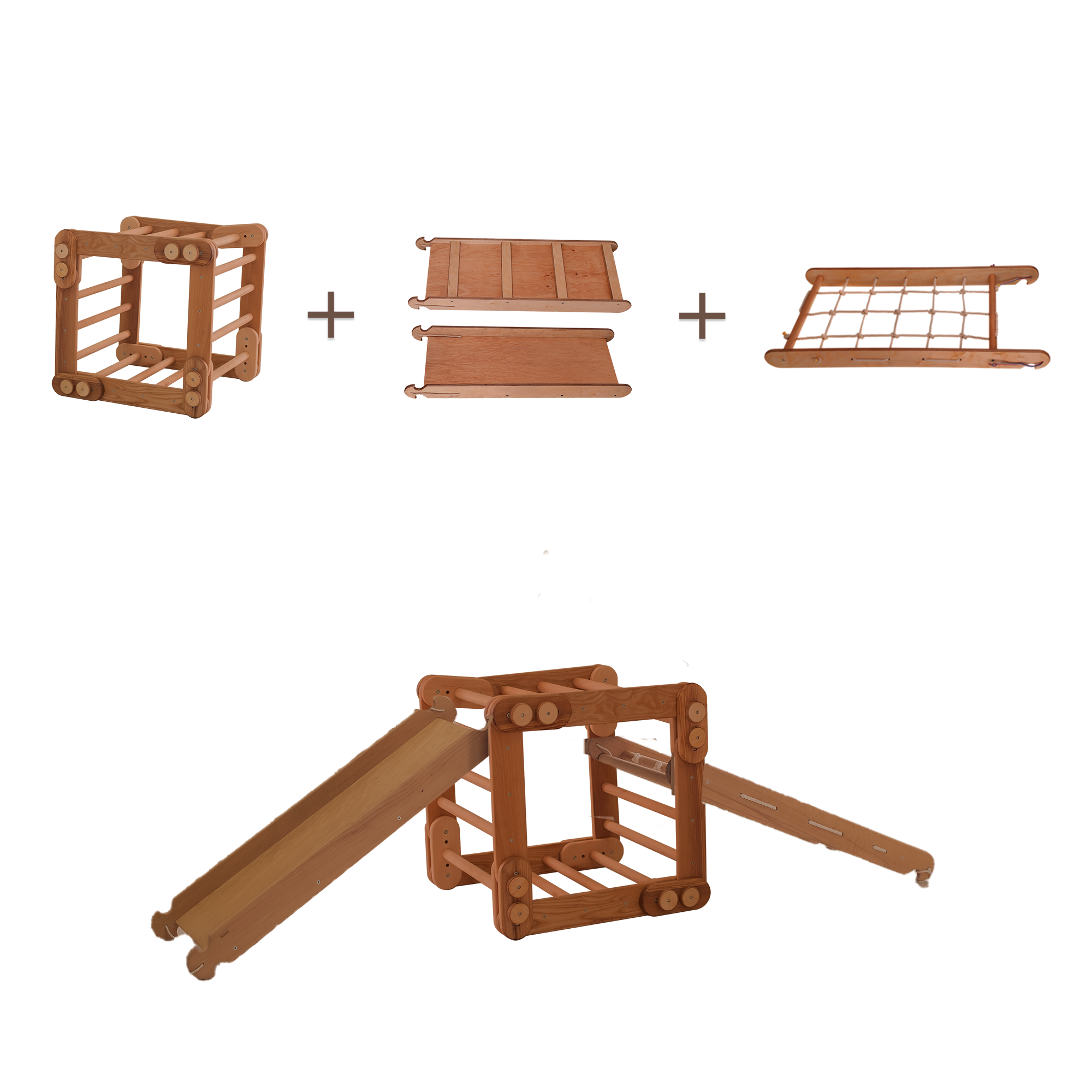 3in1 Montessori Climbing Set: Snake Ladder + Slide Board/Ramp + Net